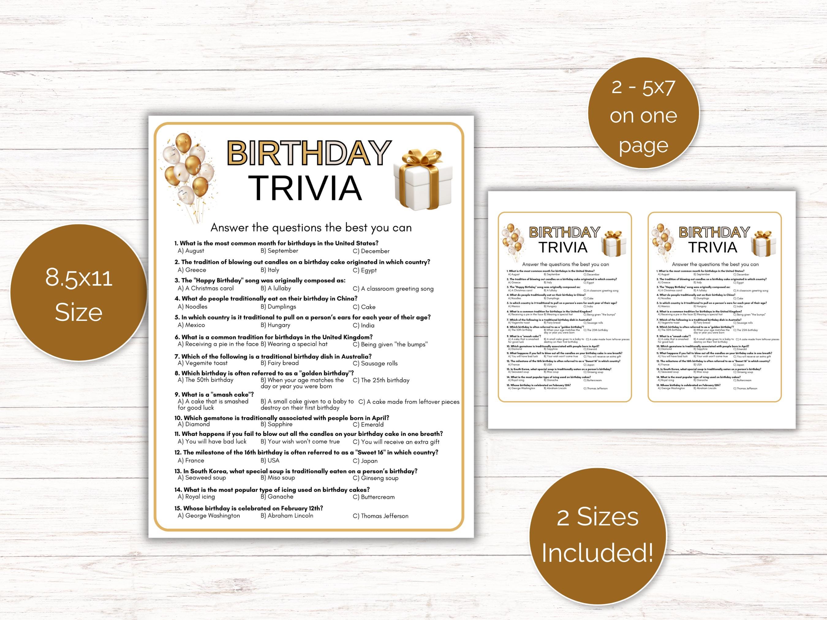 Birthday Trivia Game, Birthday Quiz, Birthday Themed Party Game ...