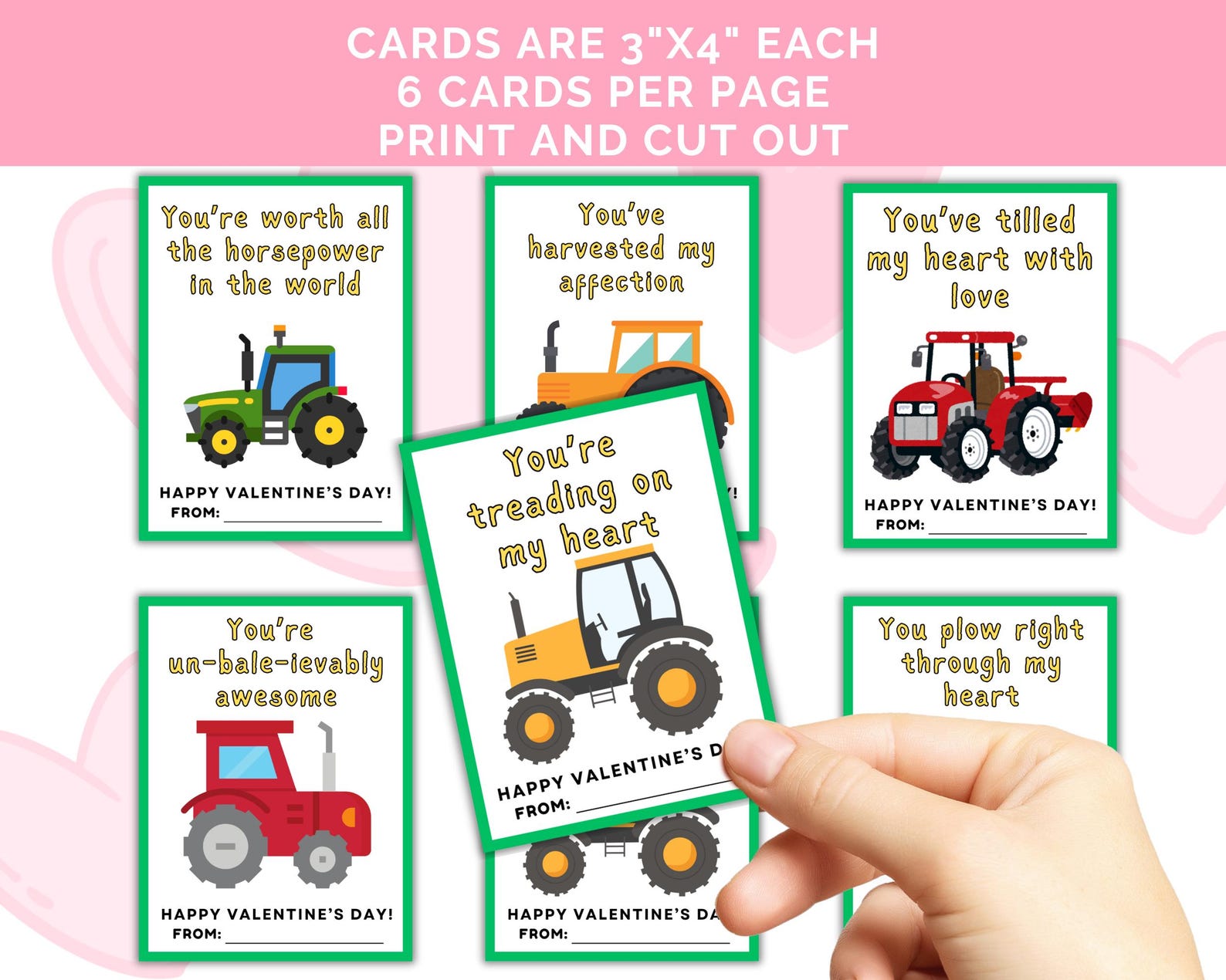 Tractor Valentine Cards, 6 Printable Tractor Valentines for Kids, Boy ...