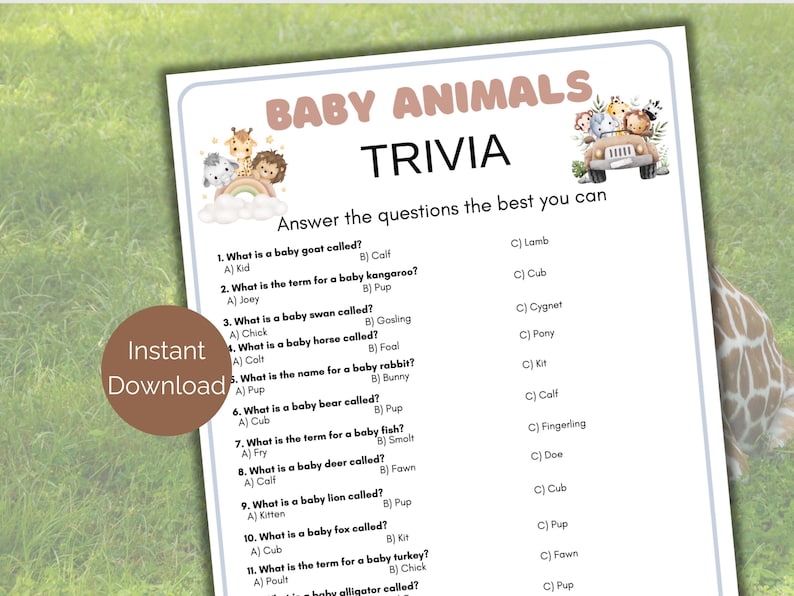 Baby Animal Trivia Game, Baby Animal Quiz, Printable Animal Themed ...