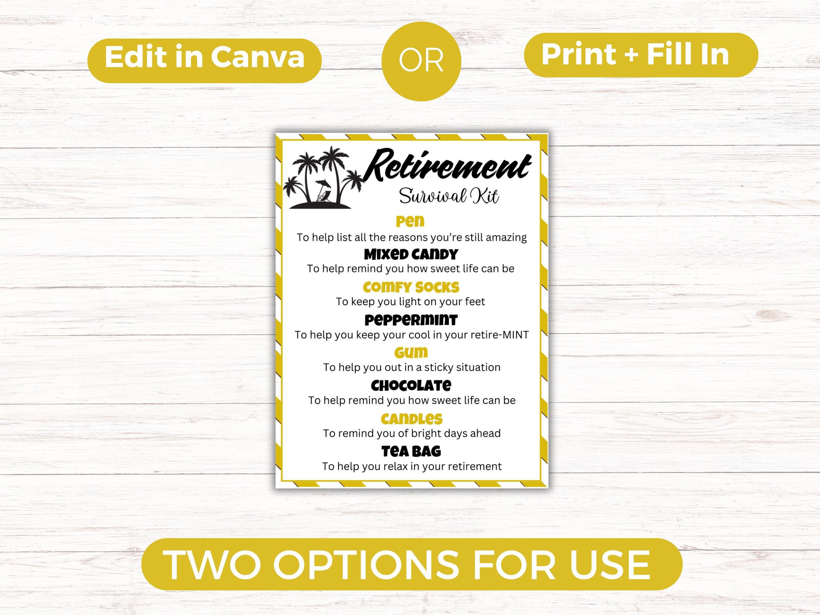 Editable Retirement Survival Kit Gift Tag, Happy Retirement Party Gift ...