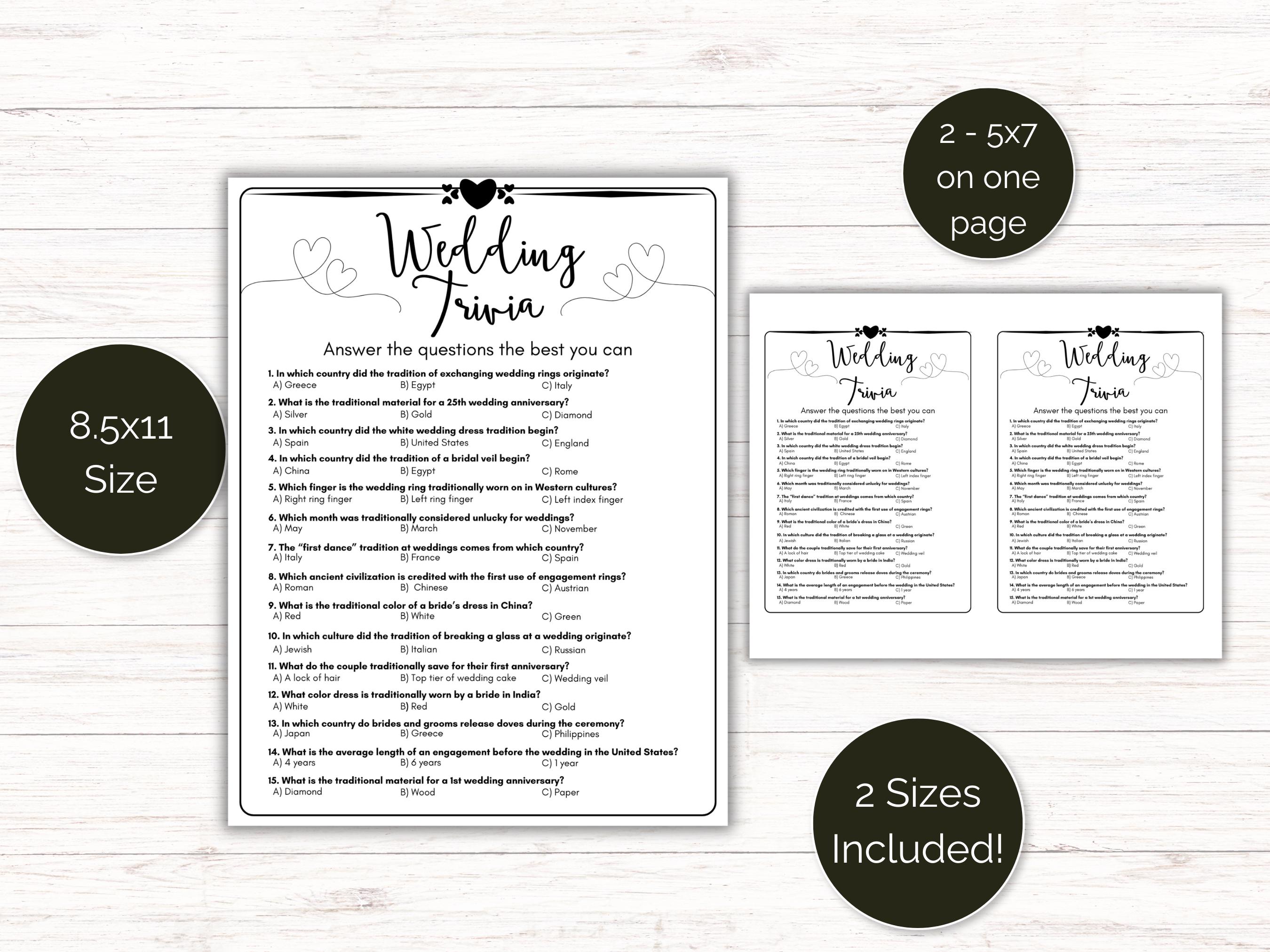 Wedding Trivia Game, Wedding Quiz, Wedding Party Game, Bridal Shower ...