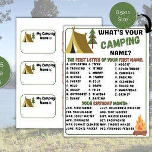 What's Your Camping Name Game + Name Tags, Camping Birthday Activity ...