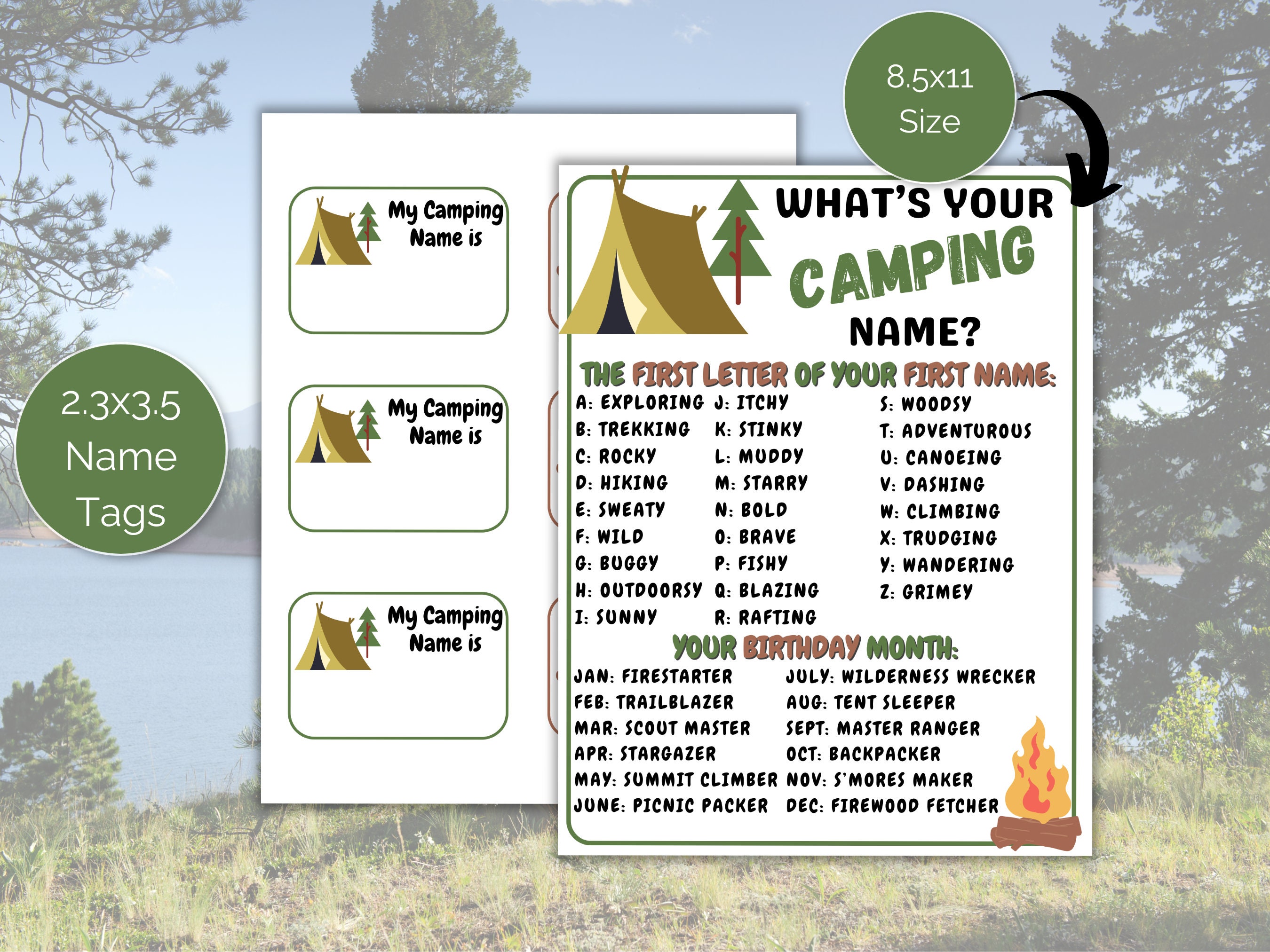What's Your Camping Name Game + Name Tags, Camping Birthday Activity ...