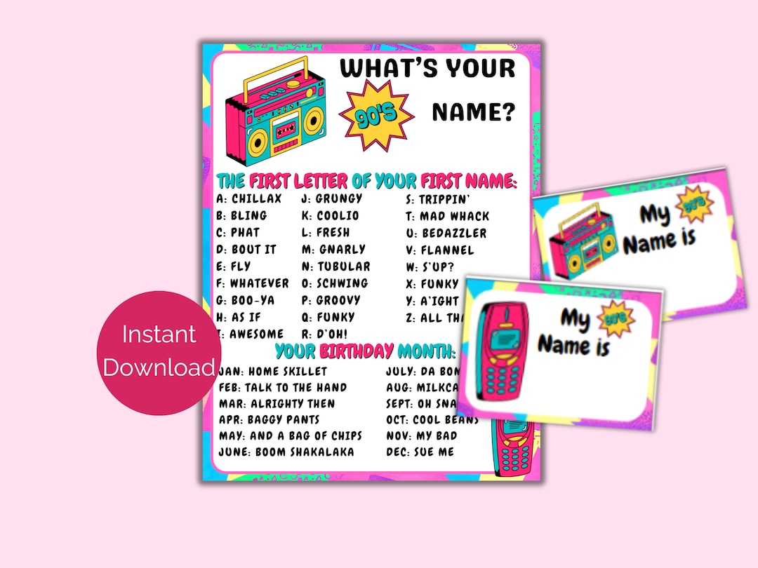 What's Your 90s Name Game + Name Tags, 90s Themed Birthday Game, 1990s ...