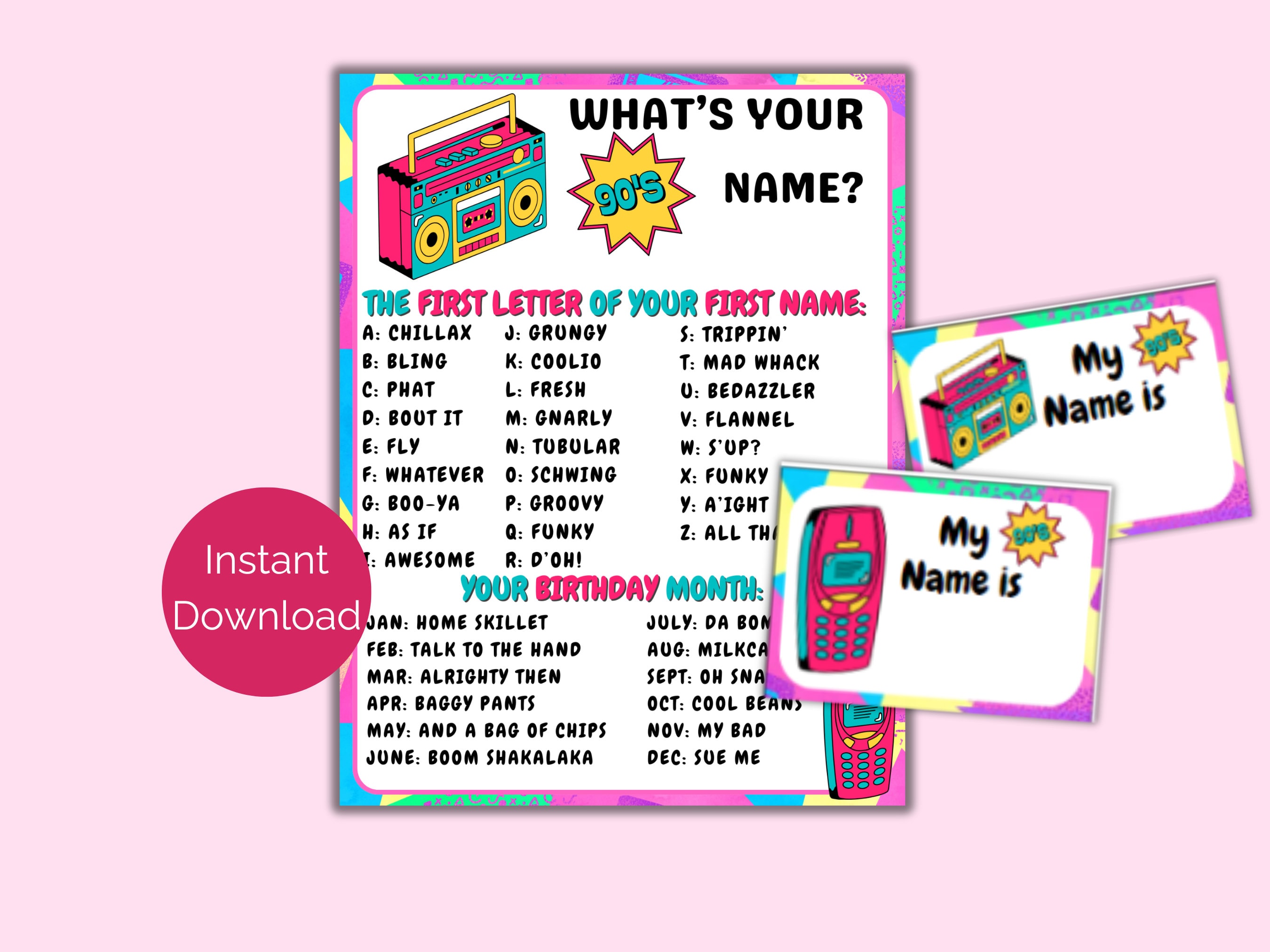 What's Your 90s Name Game + Name Tags, 90s Themed Birthday Game, 1990s ...