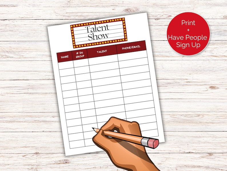 Talent Show Sign up Sheet, Printable Talent Show Signup, School Talent ...