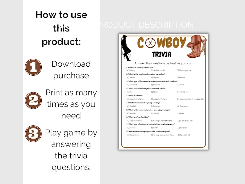 Cowboy Trivia Game, Printable Cowboy Trivia, Cowboy Quiz, Cowboy Party ...