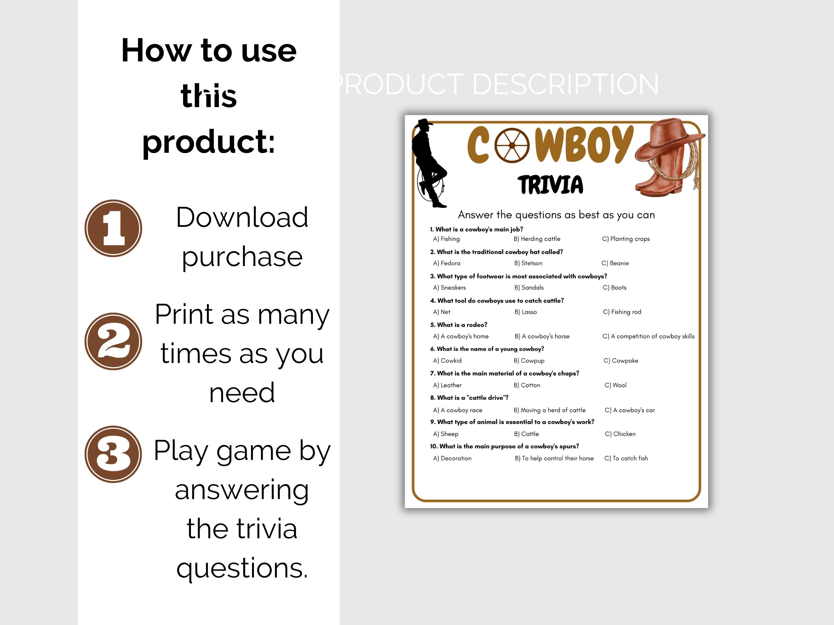 Cowboy Trivia Game, Printable Cowboy Trivia, Cowboy Quiz, Cowboy Party ...
