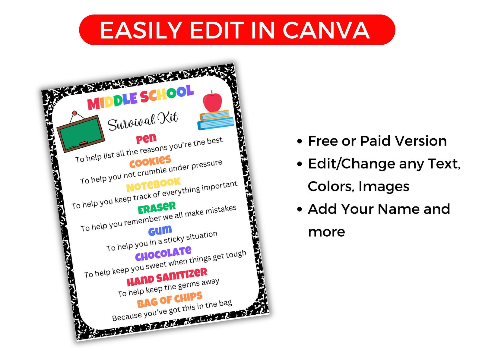 Editable Middle School Survival Kit Gift Tags, Back to School Gift Tag ...