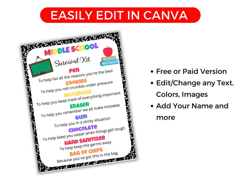 Editable Middle School Survival Kit Gift Tags, Back to School Gift Tag ...