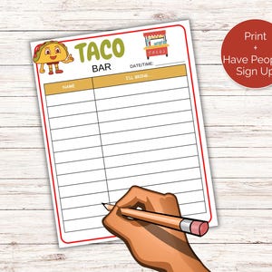 Taco Bar Sign up Sheet, Printable Mexican Fiesta Potluck Party Signup ...