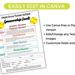 EDITABLE Softball Sponsorship Levels Flyer Template, Softball Sponsorship Form Template, Sponsor ...