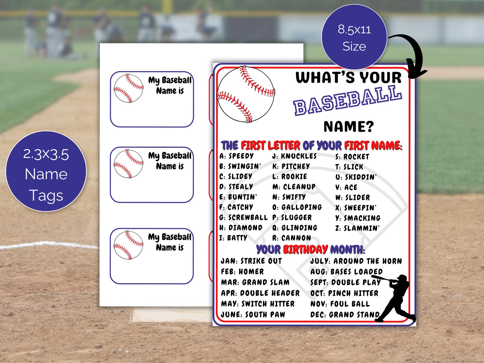 What's Your Baseball Name Game + Name Tags, Baseball Team Party Games ...