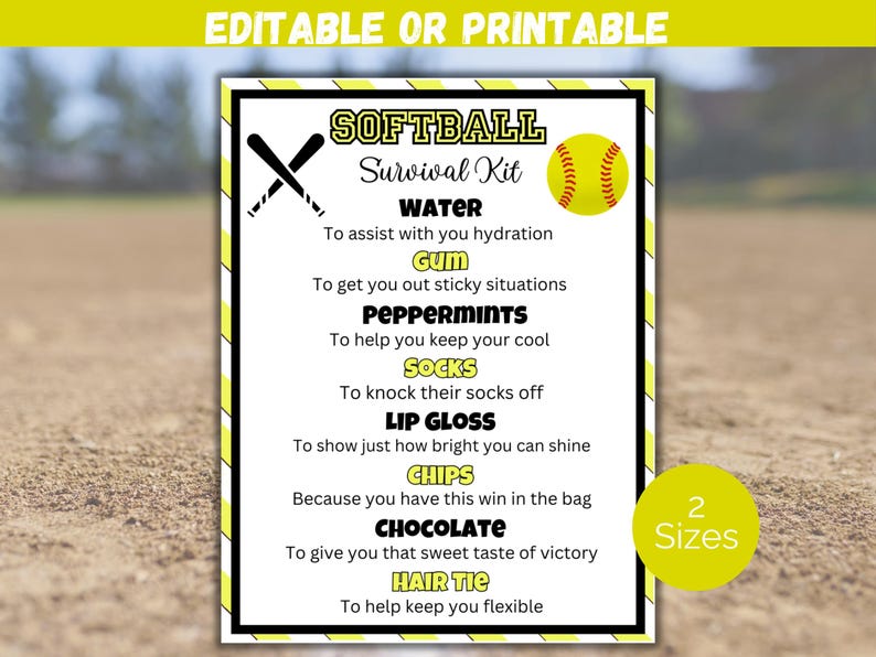 Editable Softball Survival Kit Gift Tag Template, Softball Player Gift ...