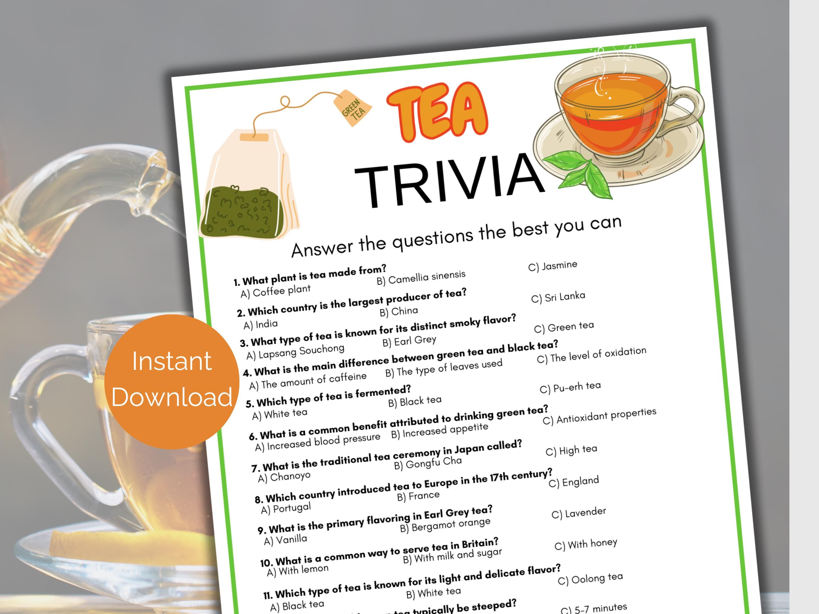 Tea Trivia Game, Tea Quiz, Printable Tea Game for Kids and Adults, Food ...