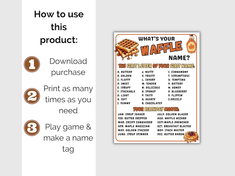 What's Your Waffle Name Game + Name Tags, Waffle Party, Waffle Day Game ...