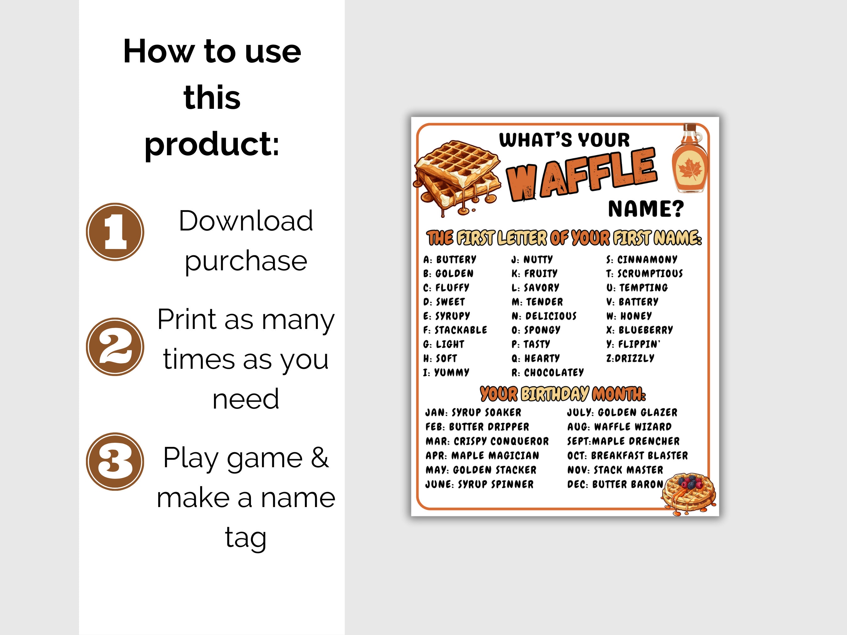 What's Your Waffle Name Game + Name Tags, Waffle Party, Waffle Day Game ...