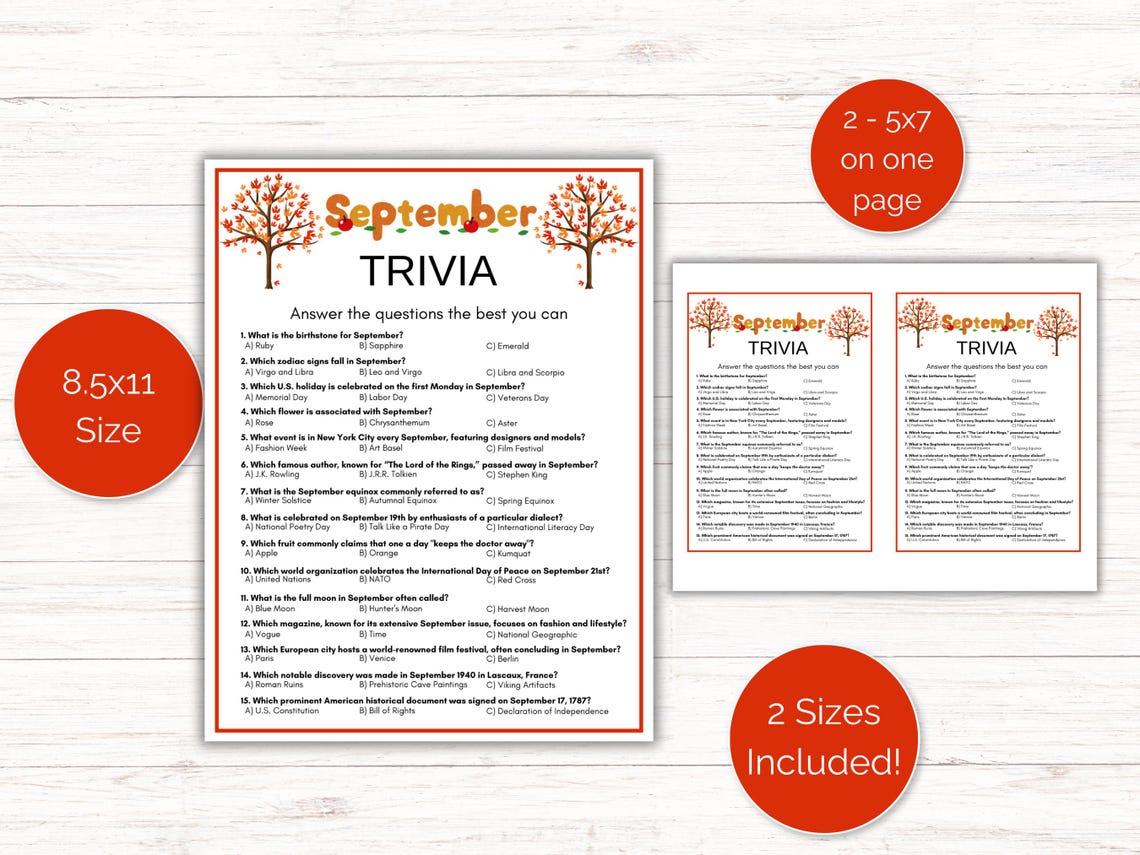 September Trivia Game, Printable September Quiz, Fall Party Game, Fall ...