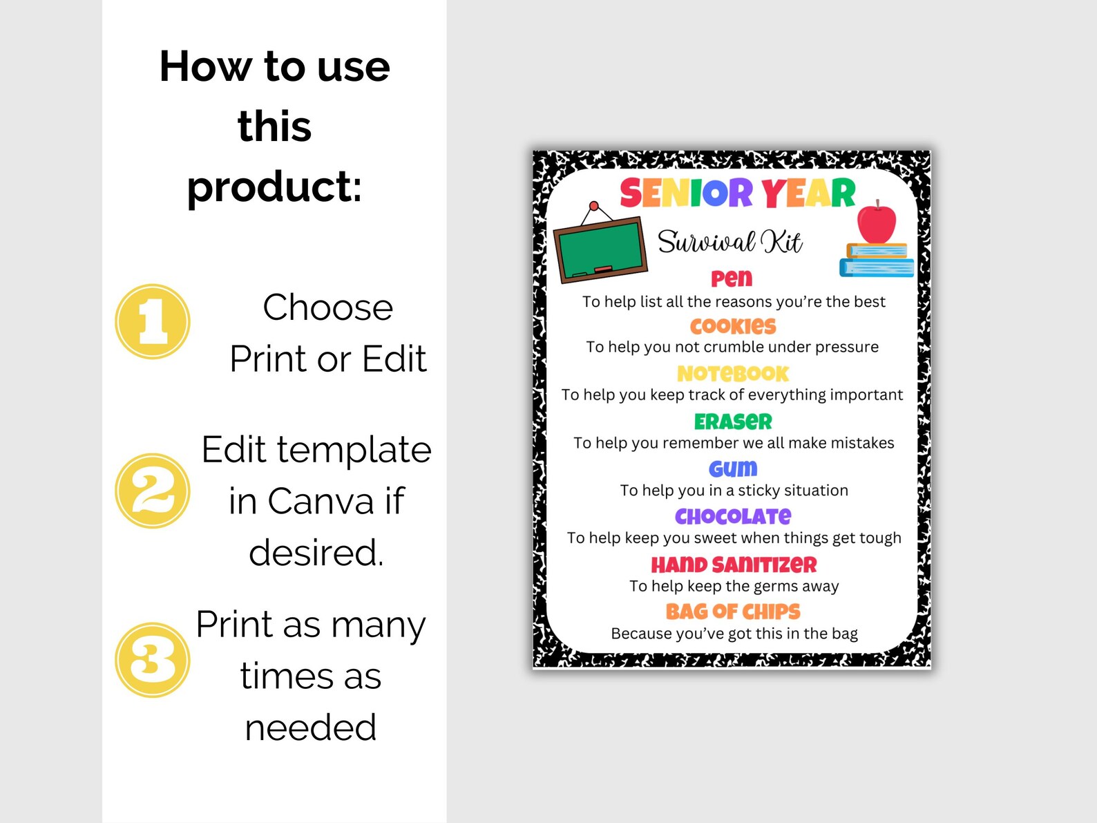 Editable Senior Year Survival Kit Gift Tags, Back to School Gift Tag ...