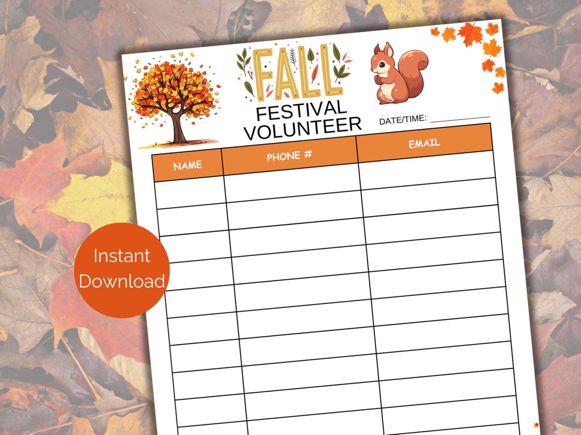 Fall Festival Volunteer Sign up Sheet, Printable Harvest Festival ...