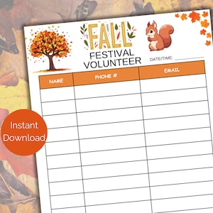Fall Festival Volunteer Sign up Sheet, Printable Harvest Festival ...