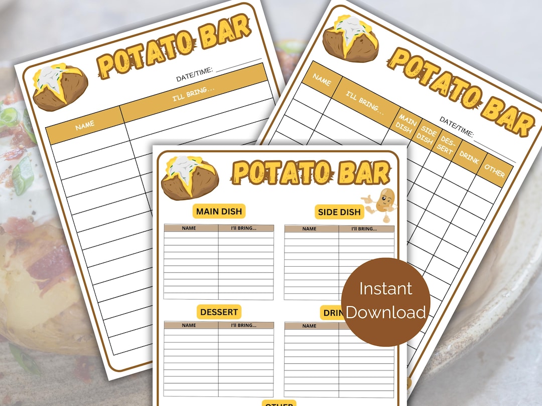 Baked Potato Potluck Sign up Sheet, Printable Baked Potato Potluck ...