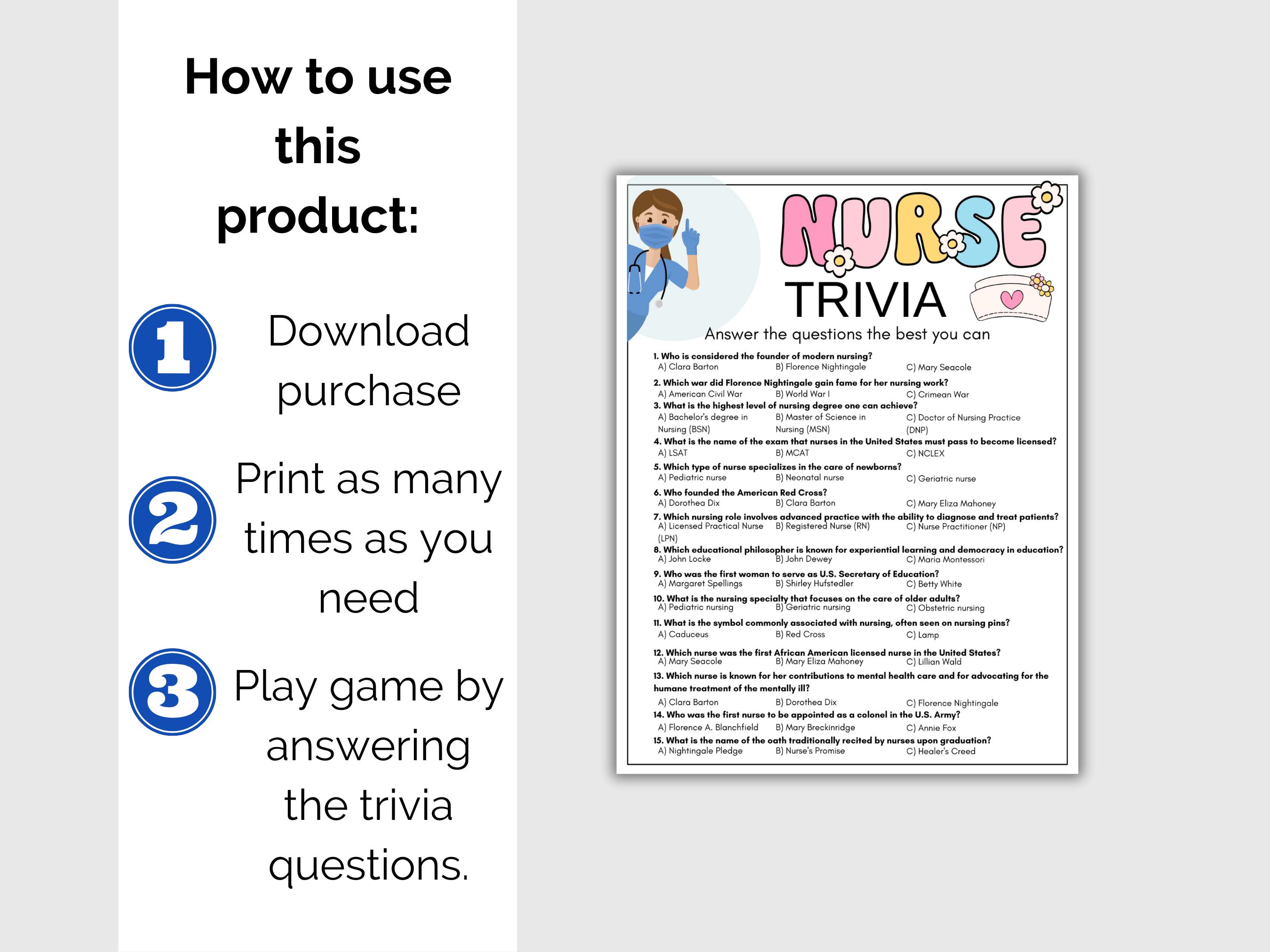 Nurse Trivia Game, Nurse Quiz, Nurse Retirement Party, Printable Nurse ...