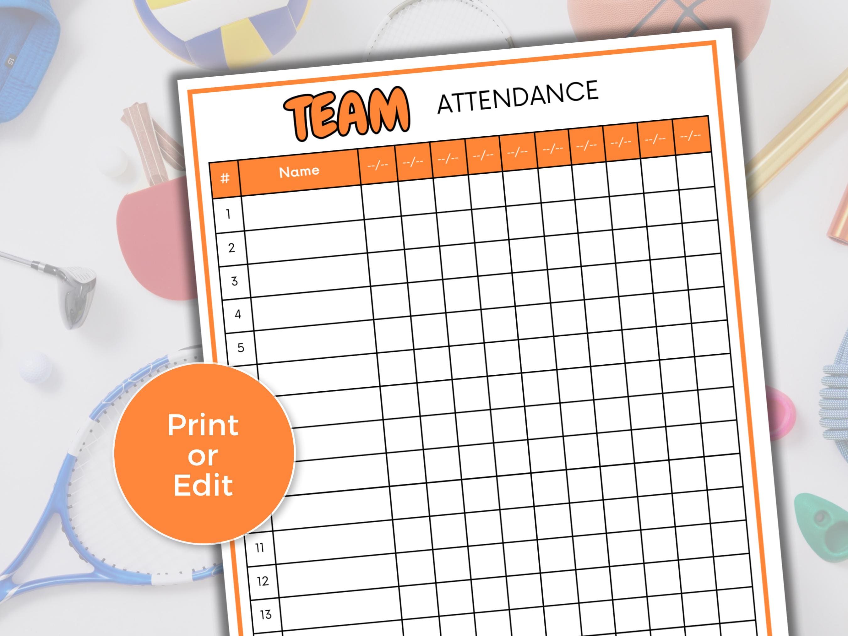 Editable Sports Attendance Sheet, Printable Sports Season Attendance ...