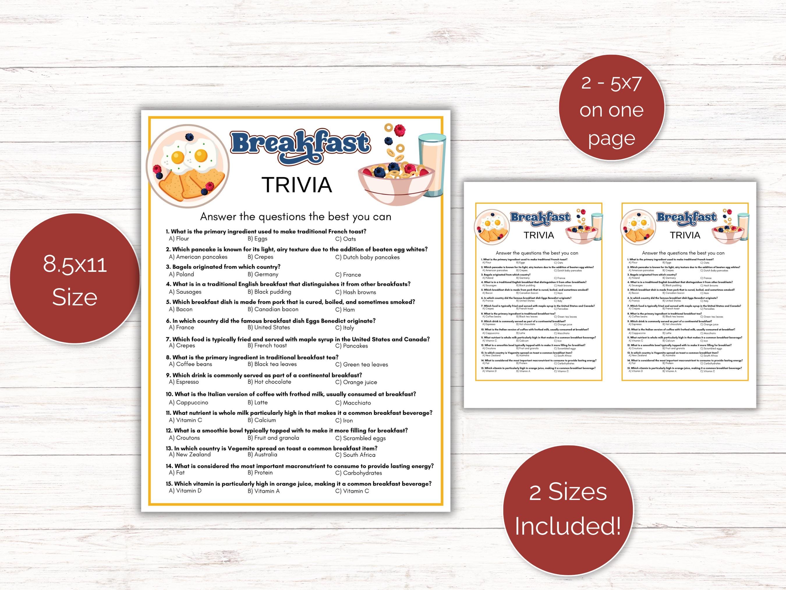 Breakfast Trivia Game, Printable Breakfast Trivia, Food Trivia, Cooking ...