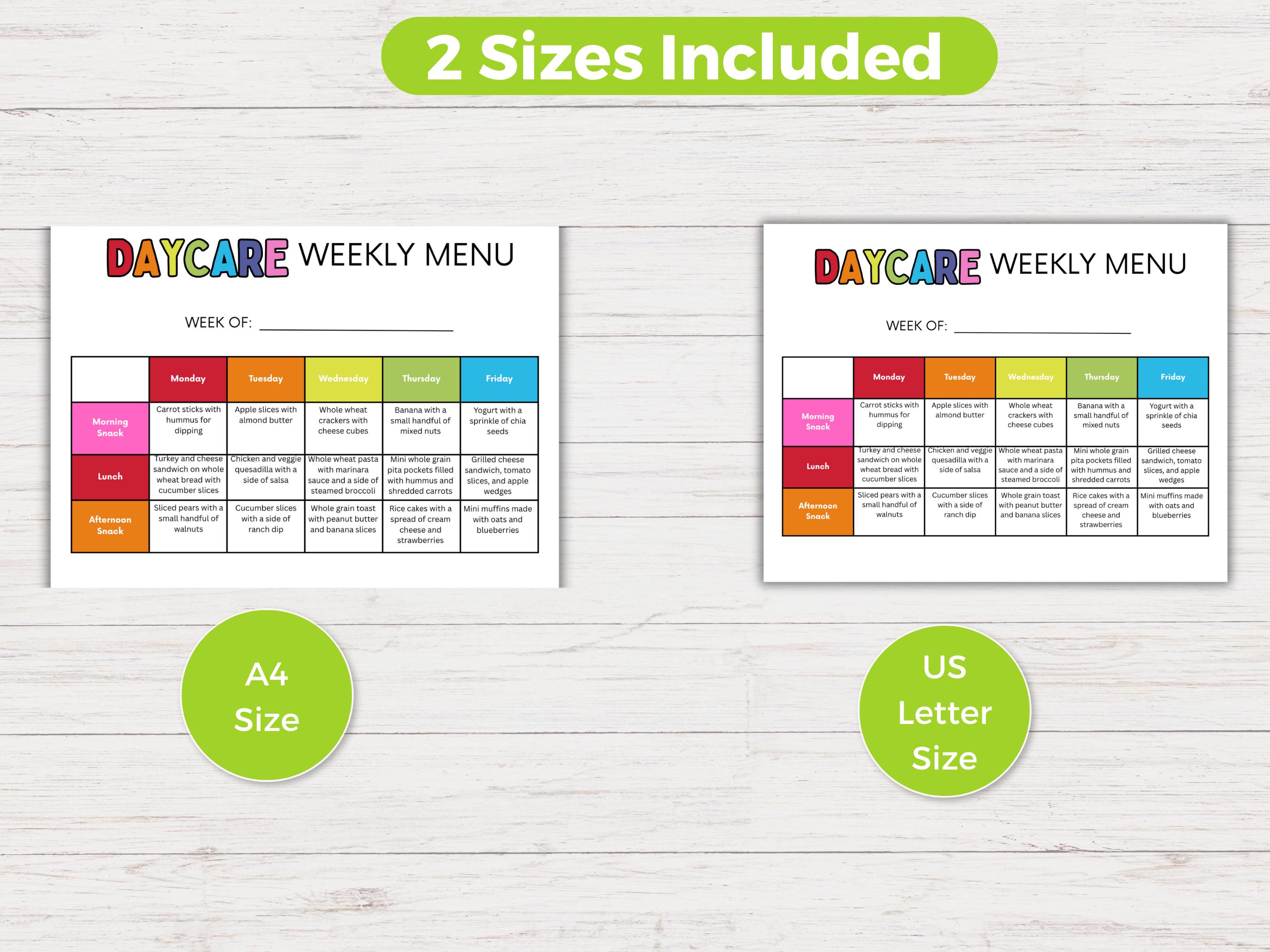 Editable Home Daycare Weekly Menu, Weekly Meal Planner, Preschool Meal ...