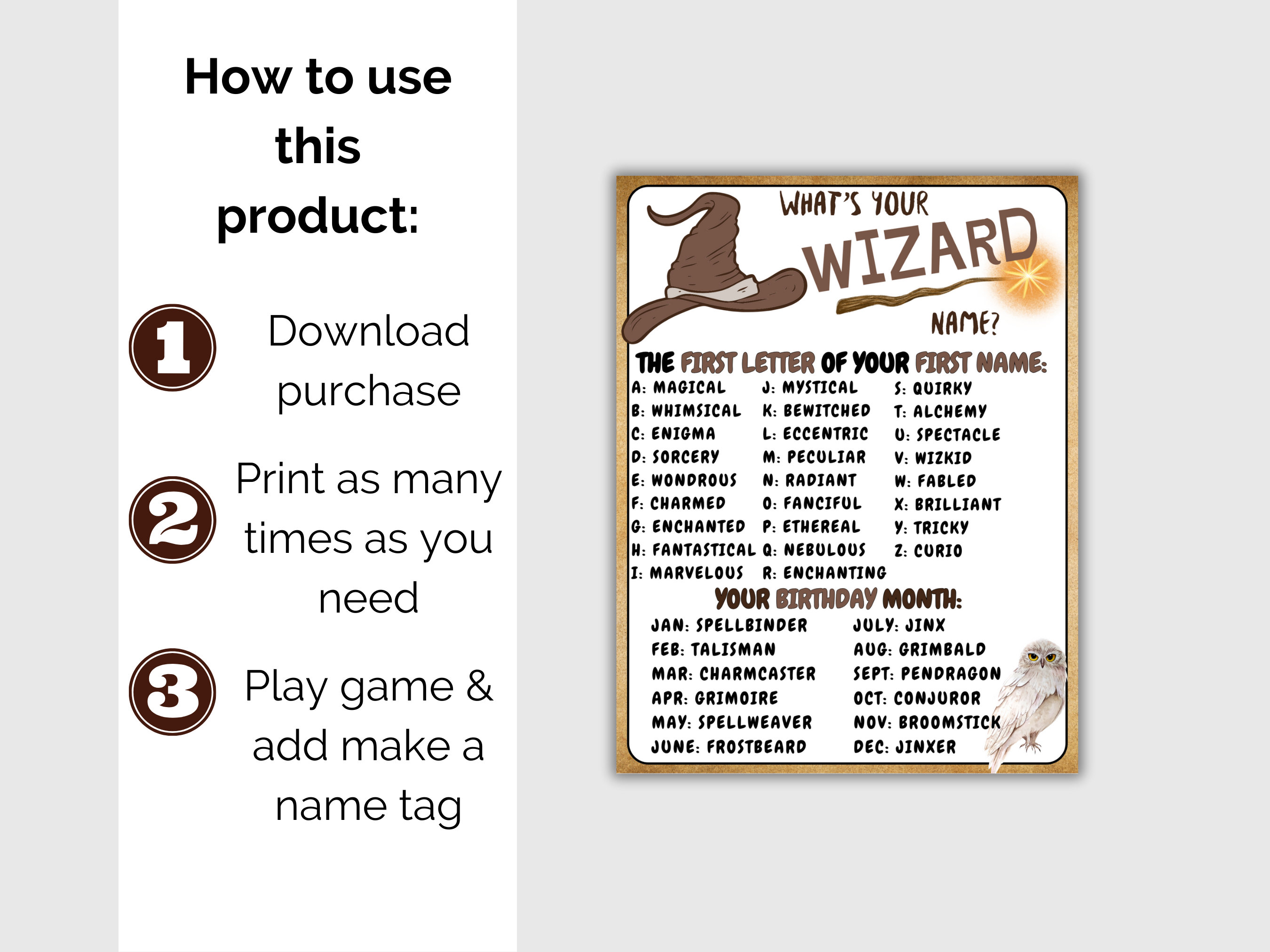 What's Your Wizard Name Game + Name Tags, Wizard Birthday Game, Wizard ...