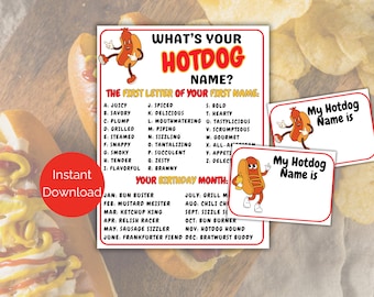 What's Your Hot Dog Name Game + Name Tags, Hot Dog Party Game, Summer ...