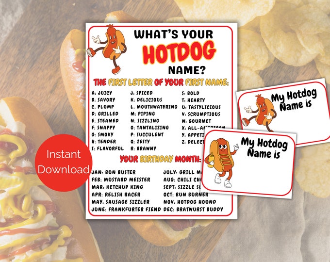 What's Your Hot Dog Name Game + Name Tags, Hot Dog Party Game, Summer ...