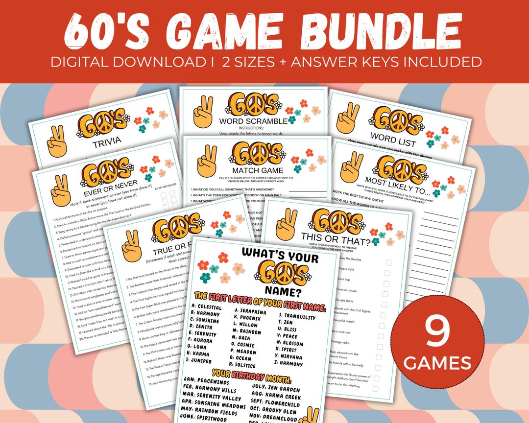 60s Party Game Bundle, 9 60s Party Activities, 60's Party Games, 1960s ...