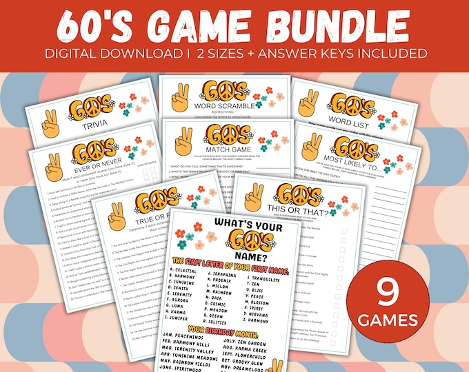 60s Party Games Bundle, Printable Hippie Birthday Party Activities ...