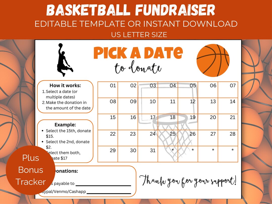 Editable Basketball Pick A Date, Basketball Fundraiser Calendar ...