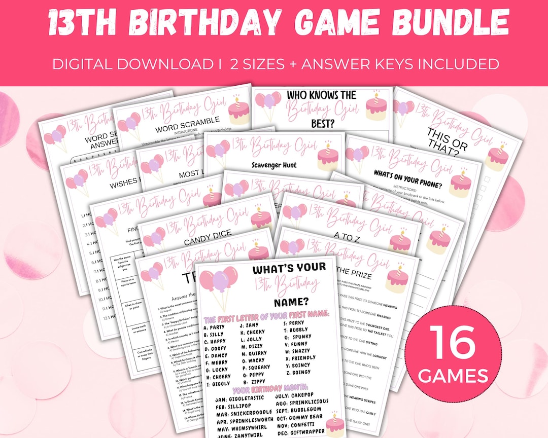 13th Birthday Game Bundle, 16 Printable 13th Birthday Party Games ...