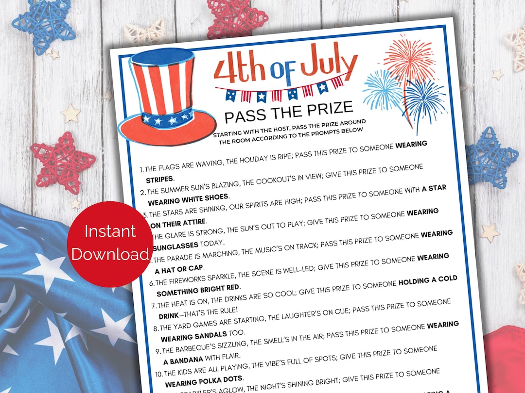 July 4th Pass the Prize, Printable 4th of July Pass the Parcel Game ...