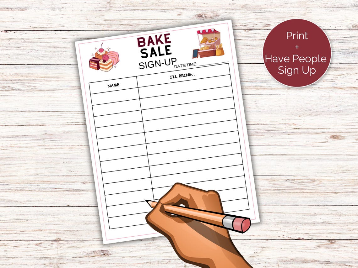 Bake Sale Sign up Sheet, Printable Bake Sale Fundraiser Sign up Form ...