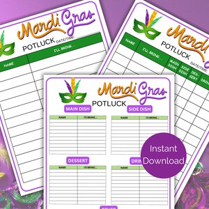 Mardi Gras Potluck Sign up Sheet, Printable Mardi Gras Party Potluck ...