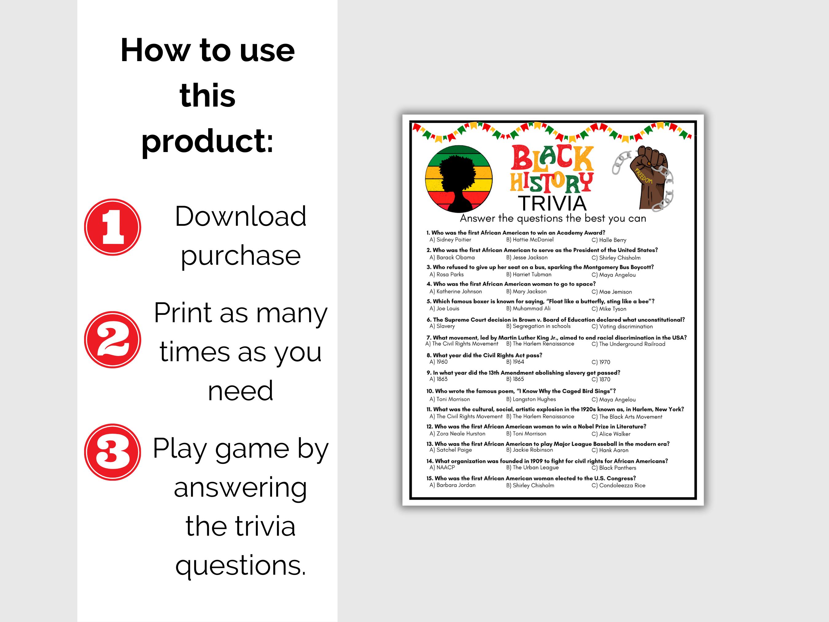 Black History Month Trivia Game, Black History Quiz, Printable Black ...