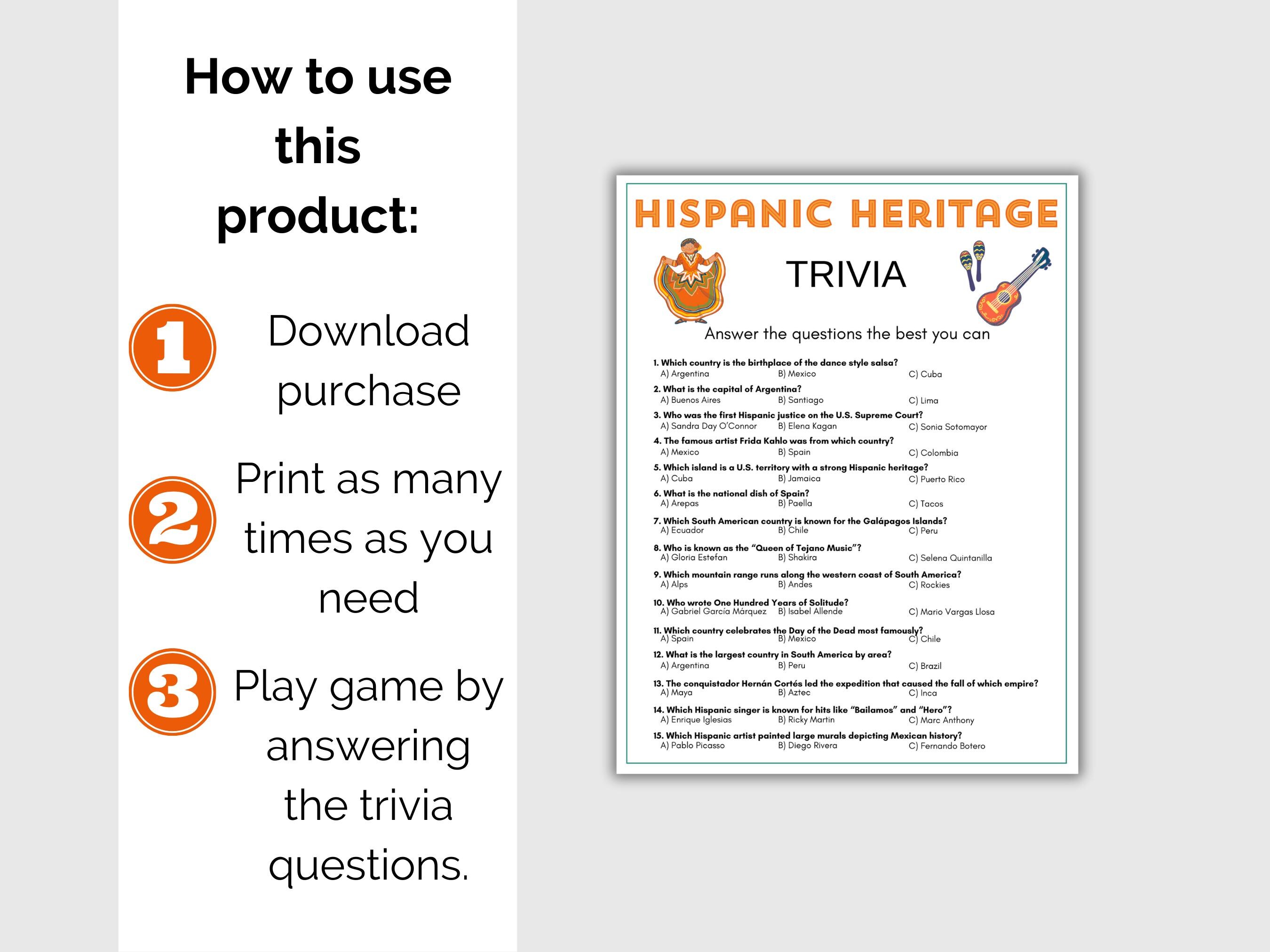 Hispanic Heritage Trivia Game, Hispanic Heritage Quiz, Printable ...