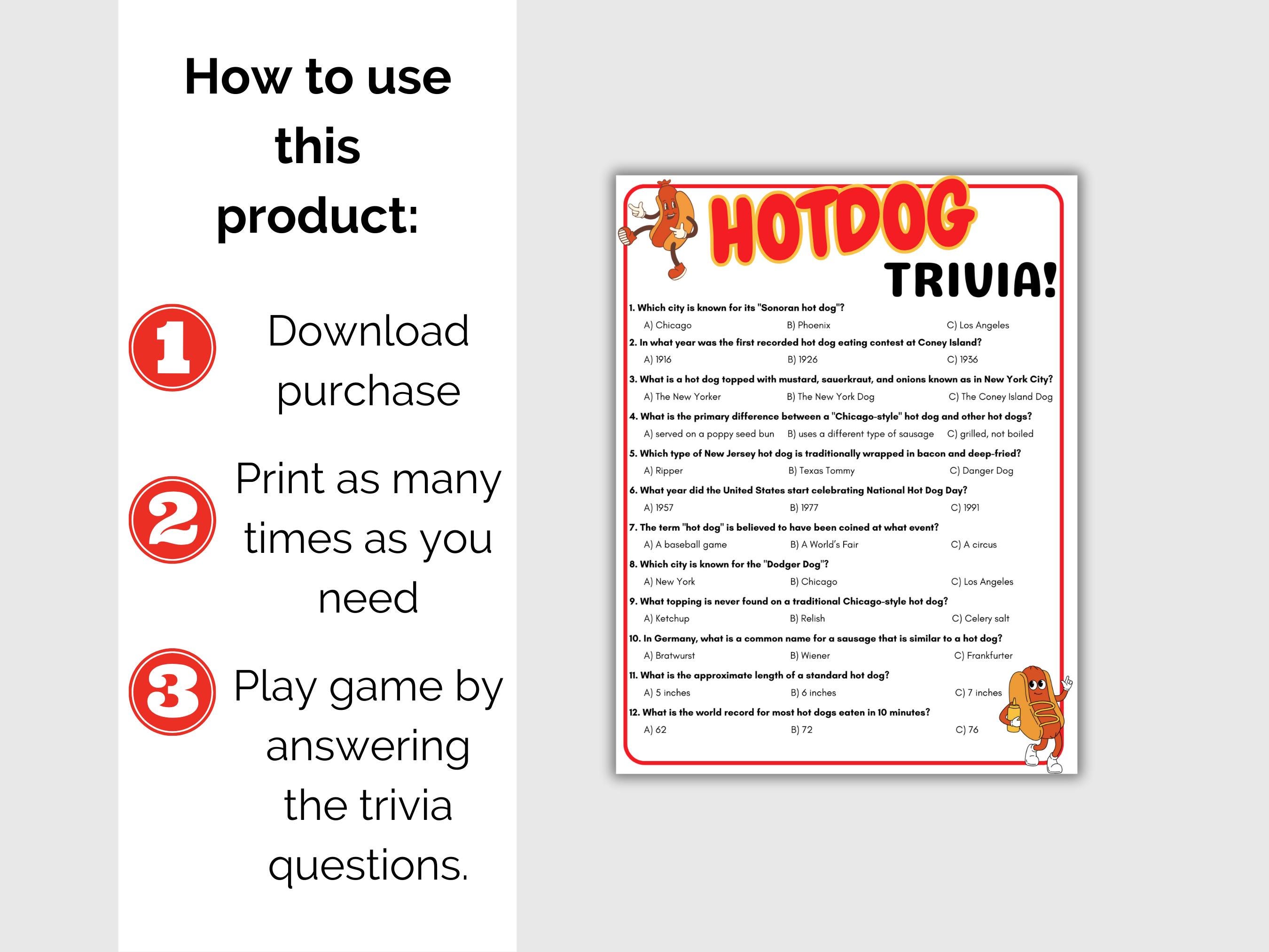 Hot Dog Trivia Game, Hot Dog Quiz, Printable Hot Dog Game for Kids and ...