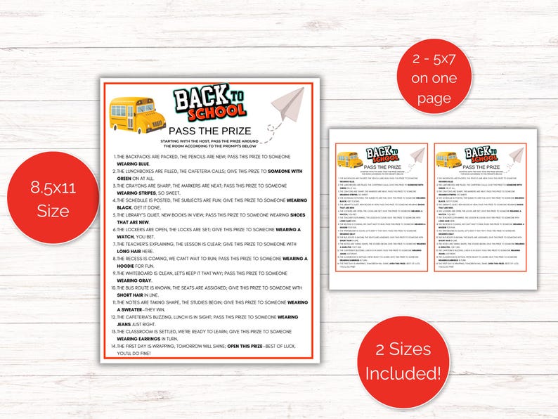Back to School Pass the Prize, Printable First Day of School Pass the ...