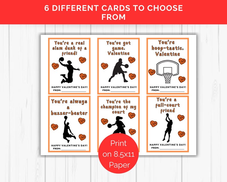 Basketball Valentine Cards, 6 Printable Basketball Themed Valentines ...