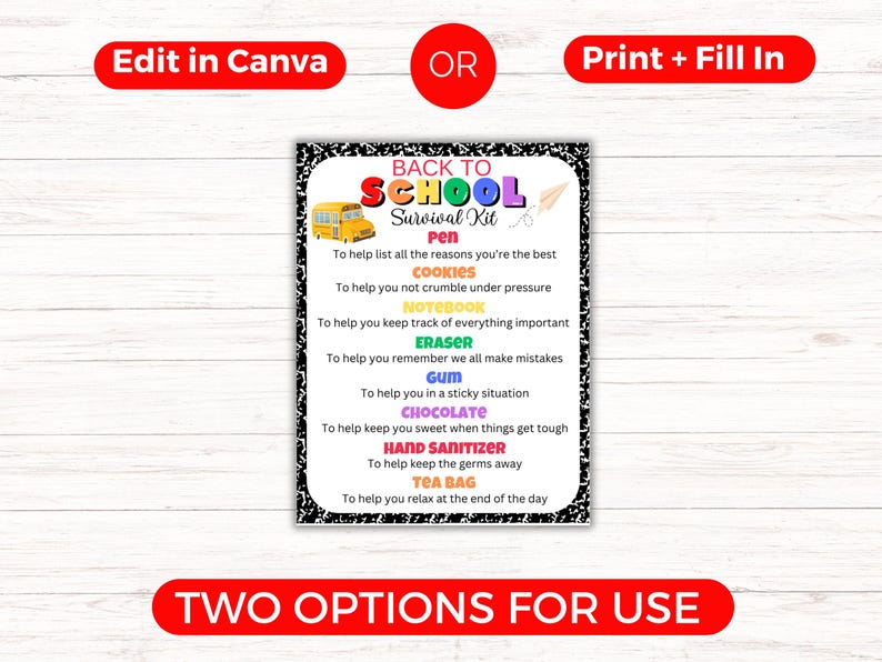 Editable Back to School Survival Kit Gift Tags, Back to School Gift Tag ...