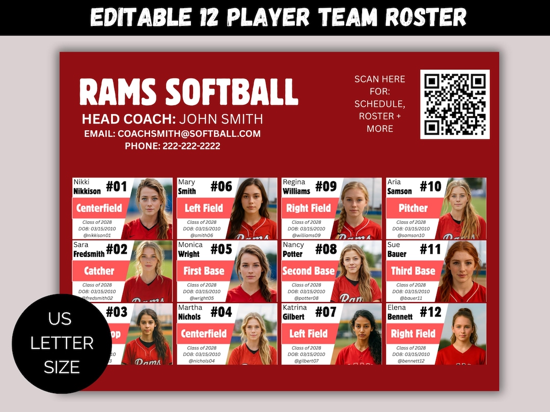 Editable 12 Player Team Roster Template, Customizable Travel Team ...