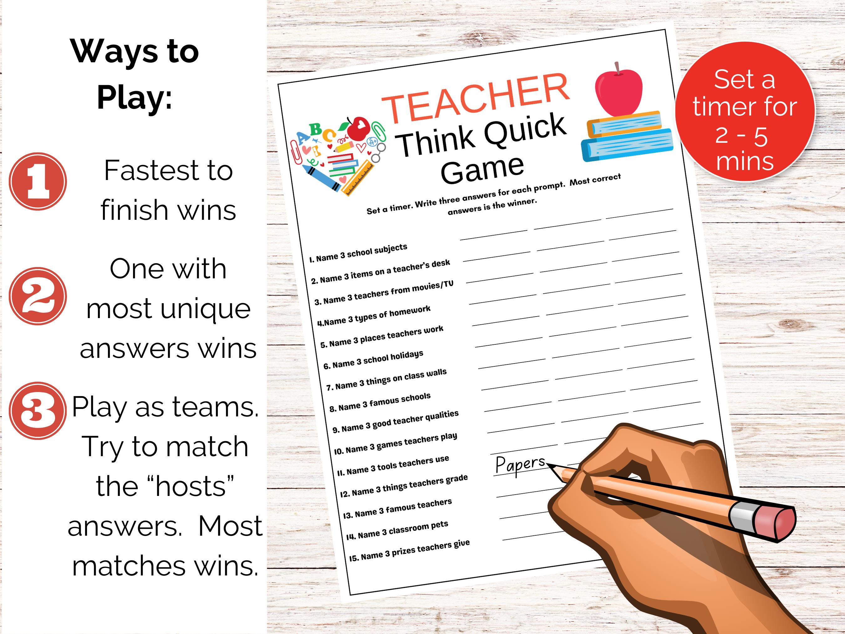 Teacher Think Quick, Teacher Appreciation Game, Teacher Retirement Game ...