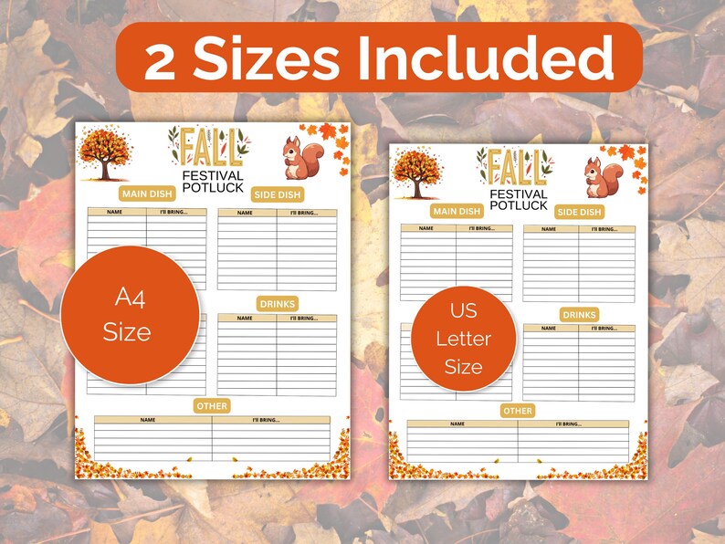 Fall Potluck Sign up Sheet, Printable Autumn Harvest Potluck Party Sign ...