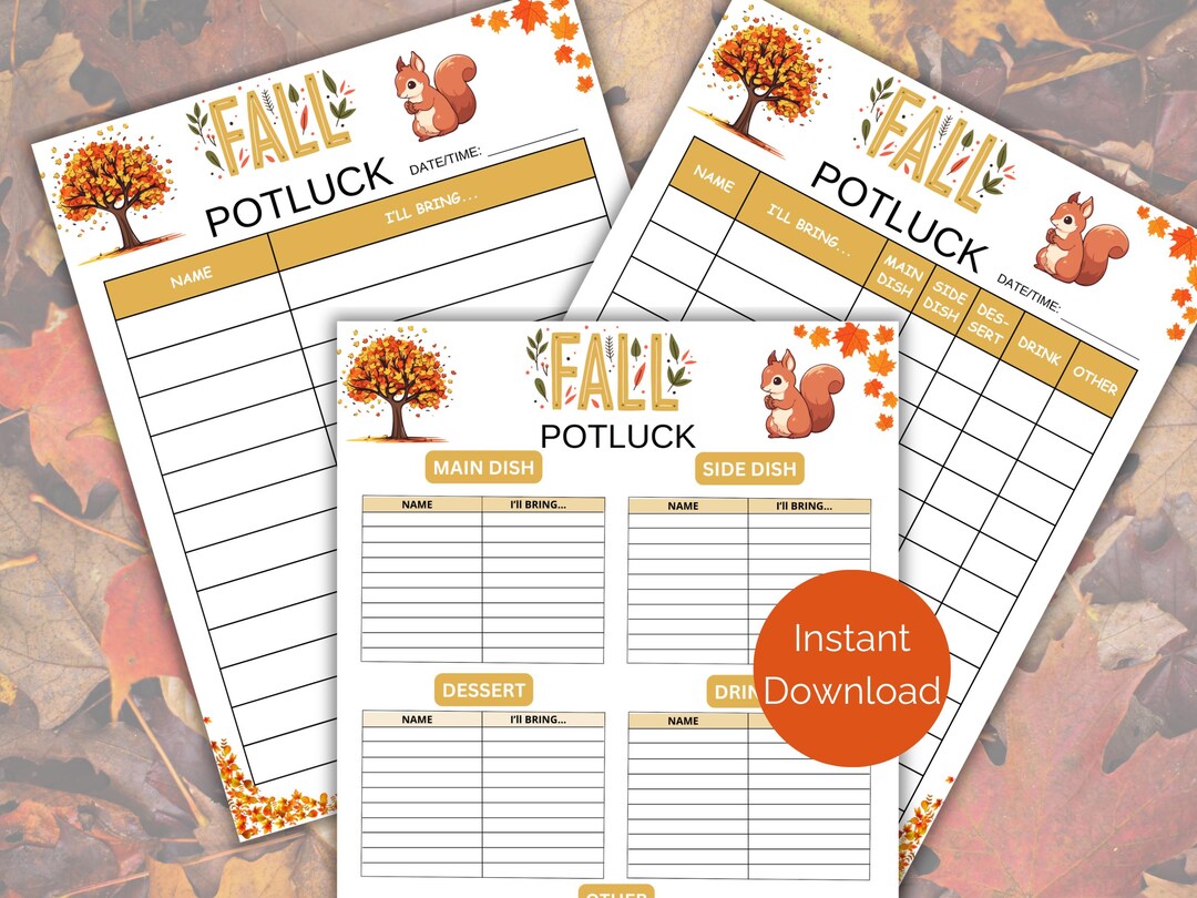 Fall Potluck Sign up Sheet, Printable Autumn Harvest Potluck Party Sign ...